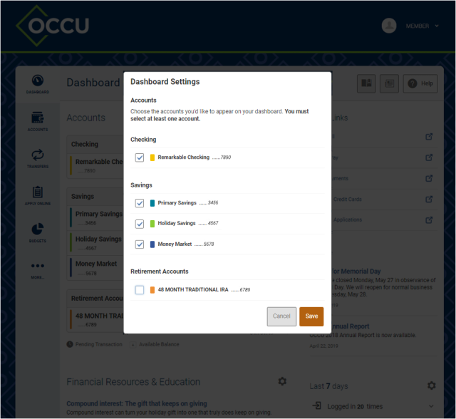 Customize your dashboard on MyOCCU Online | OCCU